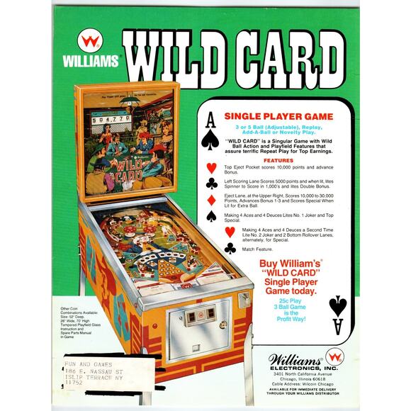 Williams | Games | Wild Card Pinball Machine Flyer Original 977 Retro ...